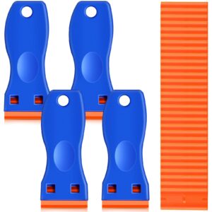 plastic scraper blades, 4 pieces scraper tools with 100 pieces plastic blades, plastic razor blade scraper cleaning scraper remover for stickers, decals, adhesive, labels, paint, glass, car