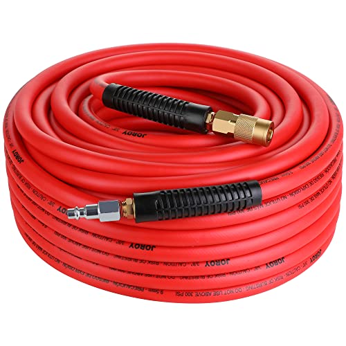 JOROY Hybrid Air Hose, 3/8-Inch by 100 Feet Air compressor Hose,Heavy Duty, Lightweight, Kink Resistant, All-Weather Flexibility with 1/4-Inch Brass Air Coupler and Plug, 300 PSI