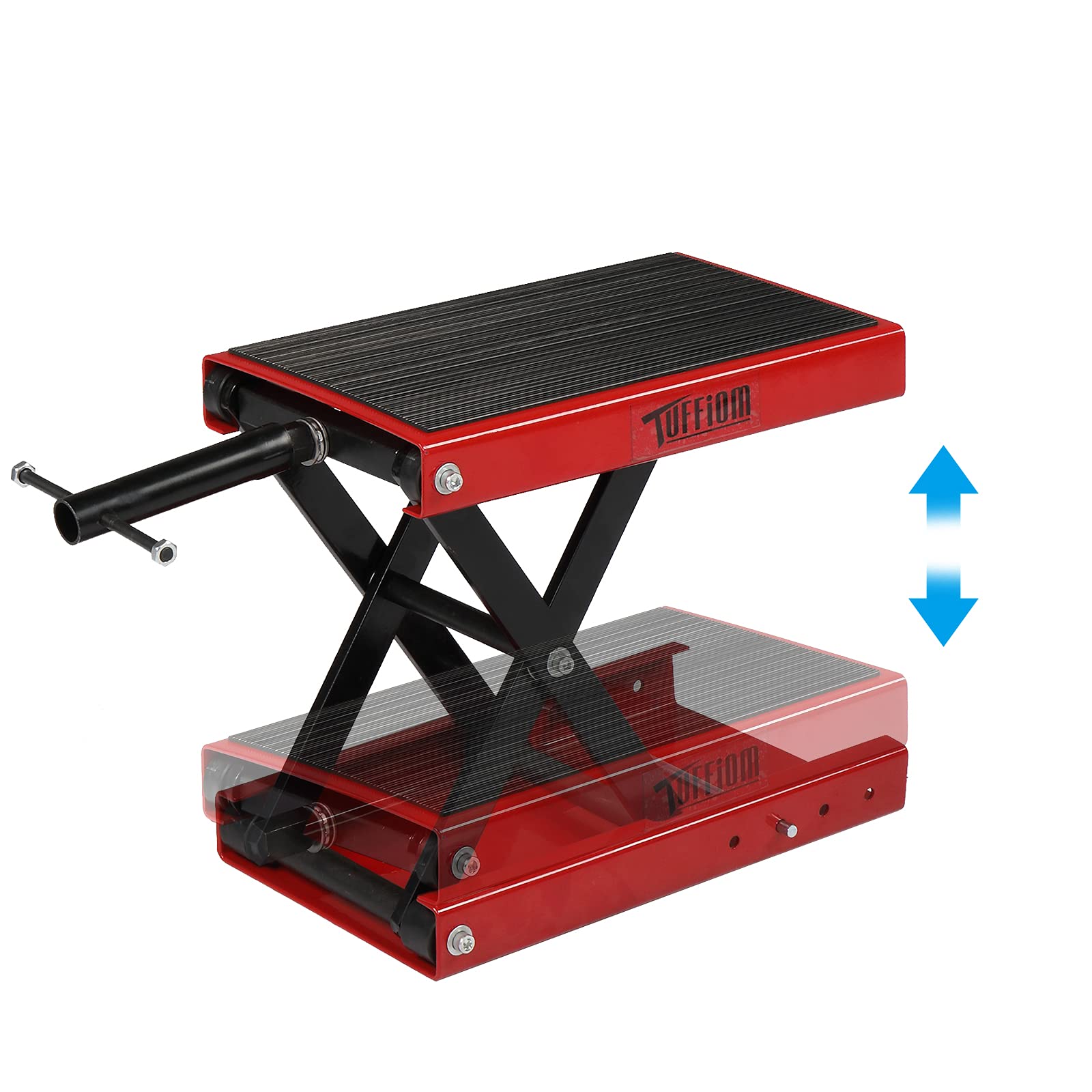 TUFFIOM Motorcycle Scissor Lift Jack w/Rubber Top Surface & Safety Pin, Height Adjustable Steel Center Hoist Crank Stand for Motorcycle Repair Maintenance, 1100LBS Weight Capacity