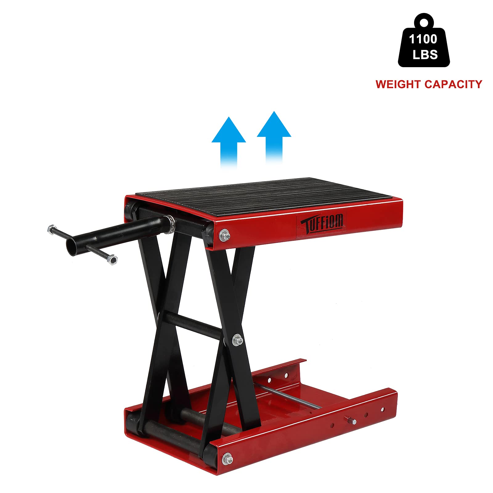 TUFFIOM Motorcycle Scissor Lift Jack w/Rubber Top Surface & Safety Pin, Height Adjustable Steel Center Hoist Crank Stand for Motorcycle Repair Maintenance, 1100LBS Weight Capacity