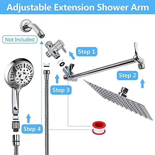 Shower Head - 8" High Pressure Rainfall Shower Head with 11" Extension Arm, 9 Settings Handheld Shower Head Combo, Anti-leak Shower Head with Holder, Height/Angle Adjustable, 1.5M House, Chrome