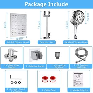 Shower Head - 8" High Pressure Rainfall Shower Head with 11" Extension Arm, 9 Settings Handheld Shower Head Combo, Anti-leak Shower Head with Holder, Height/Angle Adjustable, 1.5M House, Chrome