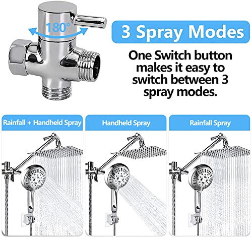 Shower Head - 8" High Pressure Rainfall Shower Head with 11" Extension Arm, 9 Settings Handheld Shower Head Combo, Anti-leak Shower Head with Holder, Height/Angle Adjustable, 1.5M House, Chrome