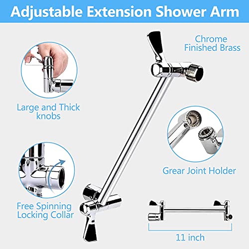 Shower Head - 8" High Pressure Rainfall Shower Head with 11" Extension Arm, 9 Settings Handheld Shower Head Combo, Anti-leak Shower Head with Holder, Height/Angle Adjustable, 1.5M House, Chrome