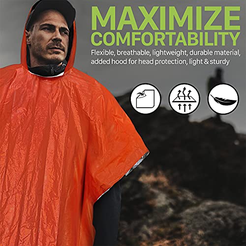 FosPower Emergency Rain Poncho [4 Pack] [Retains 90% Body Heat] Reusable Weather Resistant Raincoat for Men, Women, Adults, Camping, Hiking, Emergency Supplies & Survival Kits (Green + Orange)