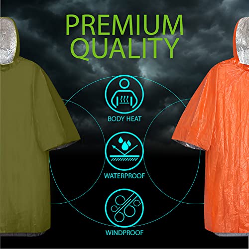 FosPower Emergency Rain Poncho [4 Pack] [Retains 90% Body Heat] Reusable Weather Resistant Raincoat for Men, Women, Adults, Camping, Hiking, Emergency Supplies & Survival Kits (Green + Orange)