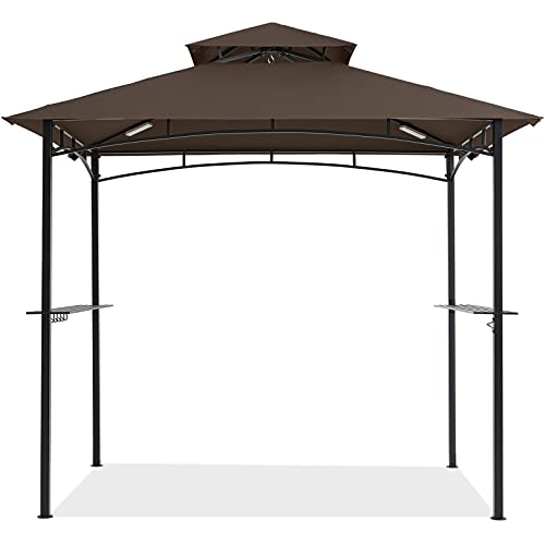 COOSHADE 8'x 5' Grill Gazebo Double Tiered Outdoor BBQ Gazebo Canopy with LED Light (Brown)