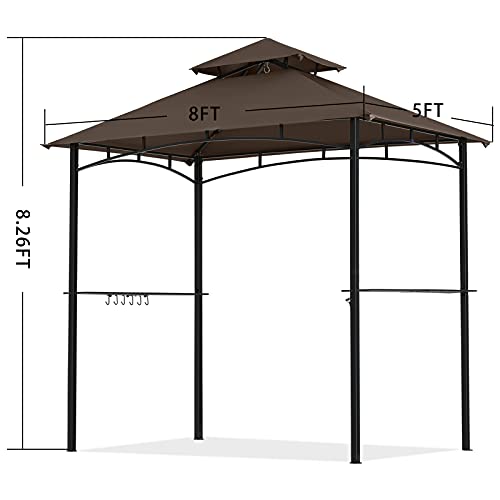 COOSHADE 8'x 5' Grill Gazebo Double Tiered Outdoor BBQ Gazebo Canopy with LED Light (Brown)