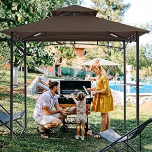 COOSHADE 8'x 5' Grill Gazebo Double Tiered Outdoor BBQ Gazebo Canopy with LED Light (Brown)