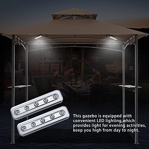 COOSHADE 8'x 5' Grill Gazebo Double Tiered Outdoor BBQ Gazebo Canopy with LED Light (Brown)