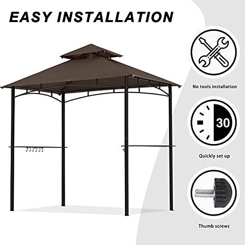 COOSHADE 8'x 5' Grill Gazebo Double Tiered Outdoor BBQ Gazebo Canopy with LED Light (Brown)