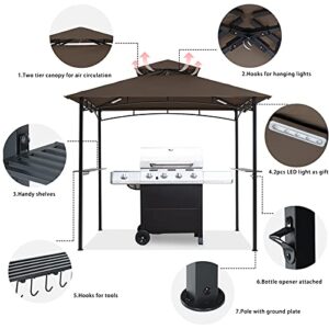 COOSHADE 8'x 5' Grill Gazebo Double Tiered Outdoor BBQ Gazebo Canopy with LED Light (Brown)