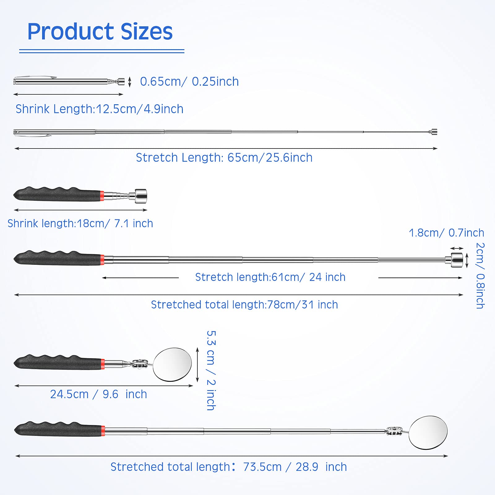 Patelai 4 Pieces Christmas Telescoping Magnet Pick Up Tool Set Extendable Claw Grabber Tool Bendable Spring Telescoping Inspection Mirror 2 Lb/ 20 Lb Magnetic Stick Gadget for Home Sink Drains