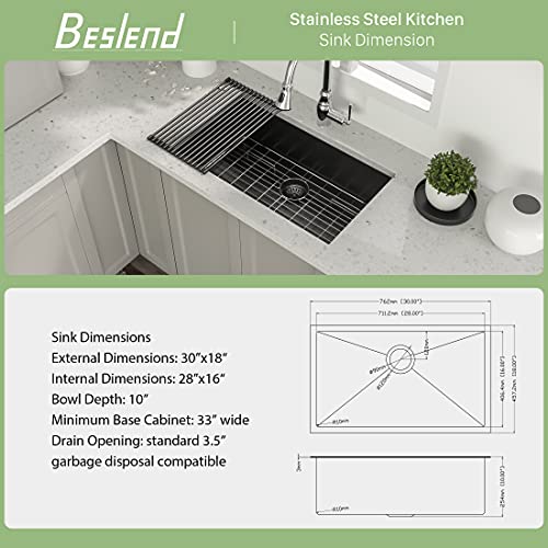 30 Inch Black Undermount Kitchen Sink - Beslend 30"x18"x10" Gunmetal Black Stainless Steel Kitchen Sink 16 Gauge 10 Inch Deep Single Bowl Basin