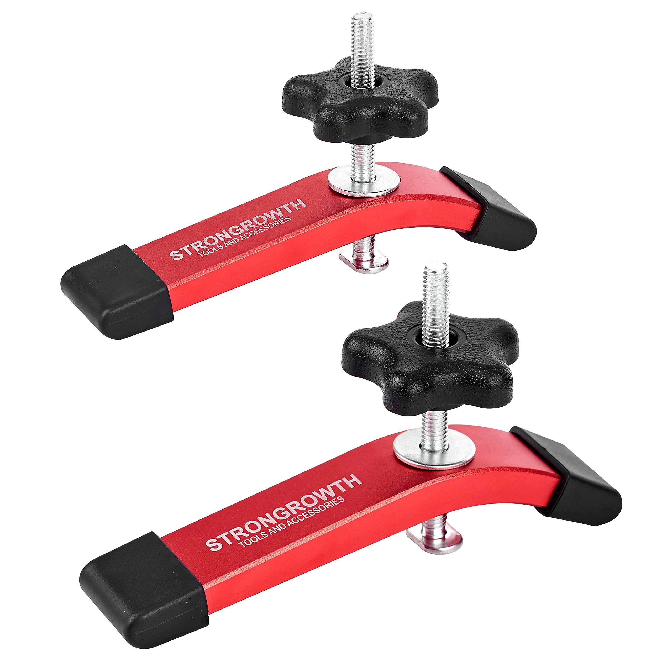 STRONGROWTH T track Hold Down Clamps - Double Cut Profile Universal T-Track Clamps, 6-3/8"L x 1-1/4"W - Woodworking and Clamps - Fine Sandblast Anodized - Red Color-2PK