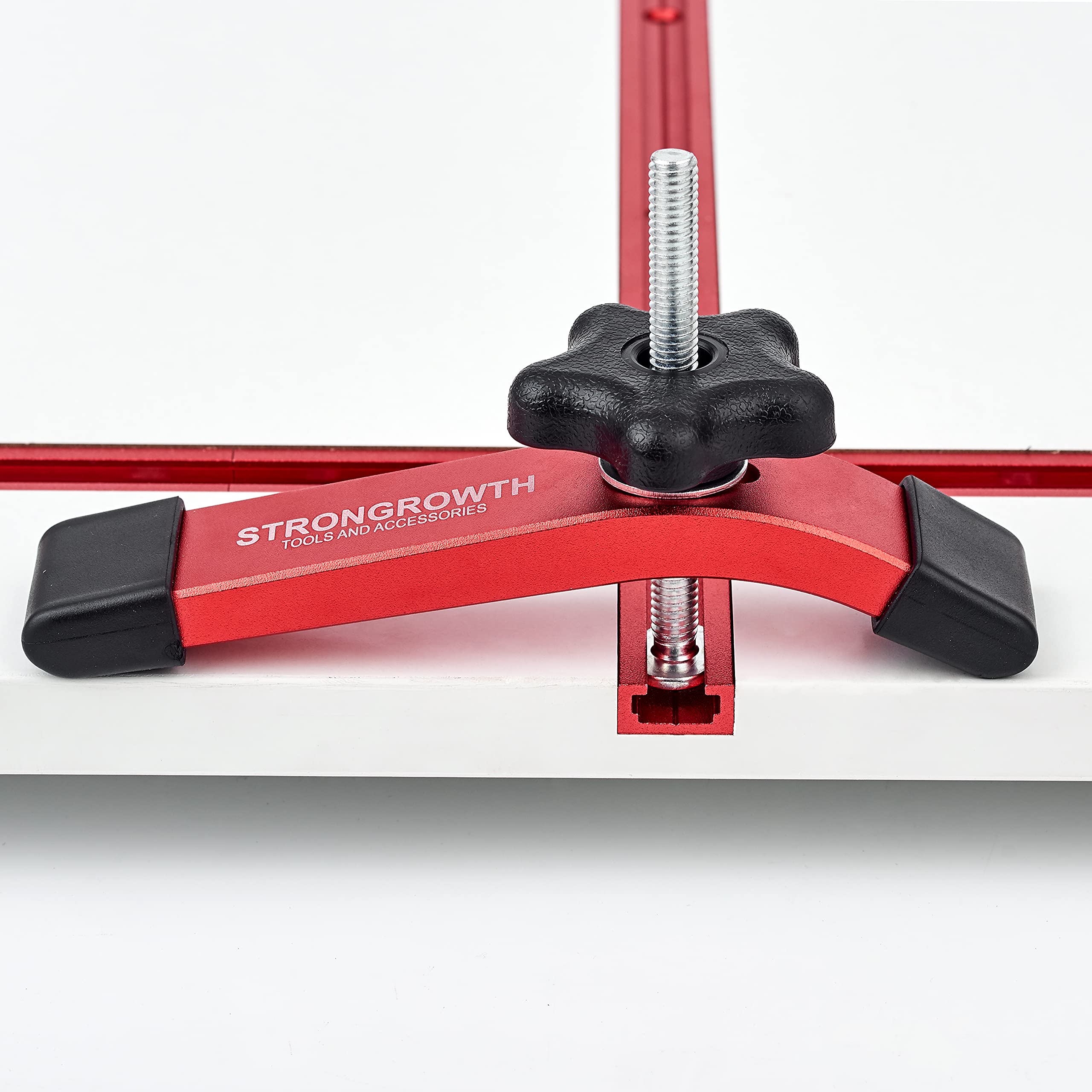 STRONGROWTH T track Hold Down Clamps - Double Cut Profile Universal T-Track Clamps, 6-3/8"L x 1-1/4"W - Woodworking and Clamps - Fine Sandblast Anodized - Red Color-2PK