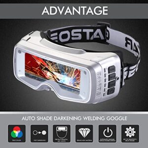 GEOSTAR True Color Digital Auto Darkening Welding Goggle, Wide Shade Range 5,7,9,11,13, with Face Shield and Anti-Fire Hood , Welder Face Mask ,for TIG MIG Plasma Arc Welding Cutting ,Grinding,Silver