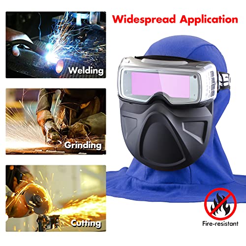 GEOSTAR True Color Digital Auto Darkening Welding Goggle, Wide Shade Range 5,7,9,11,13, with Face Shield and Anti-Fire Hood , Welder Face Mask ,for TIG MIG Plasma Arc Welding Cutting ,Grinding,Silver