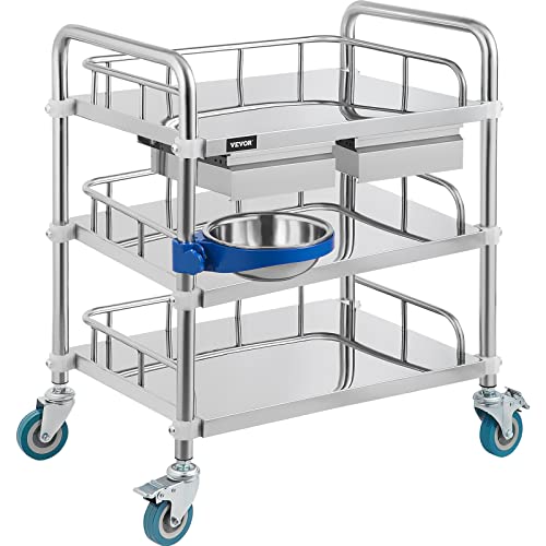 VEVOR Lab Cart 3 Layers Double Drawers Medical Cart with Wheels 1 Refuse Basin Stainless Steel Cart Service Cart for Laboratory, Hospital, Dental, Restaurant Hotel and Home Use (Large)