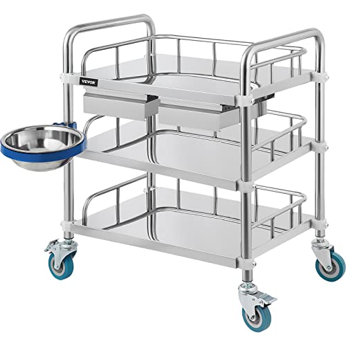 VEVOR Lab Cart 3 Layers Double Drawers Medical Cart with Wheels 1 Refuse Basin Stainless Steel Cart Service Cart for Laboratory, Hospital, Dental, Restaurant Hotel and Home Use (Large)