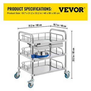 VEVOR Lab Cart 3 Layers Double Drawers Medical Cart with Wheels 1 Refuse Basin Stainless Steel Cart Service Cart for Laboratory, Hospital, Dental, Restaurant Hotel and Home Use (Large)