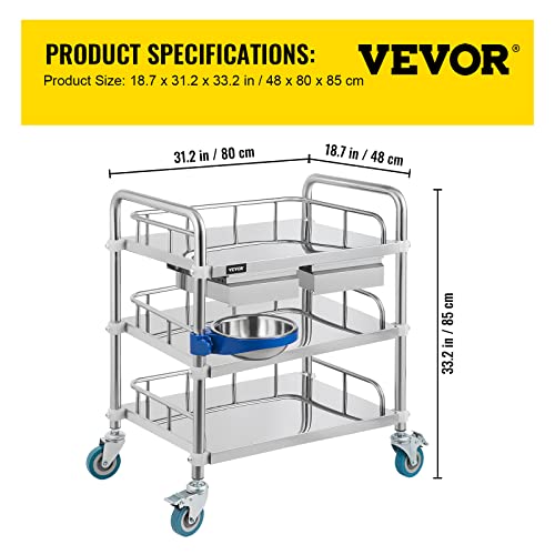 VEVOR Lab Cart 3 Layers Double Drawers Medical Cart with Wheels 1 Refuse Basin Stainless Steel Cart Service Cart for Laboratory, Hospital, Dental, Restaurant Hotel and Home Use (Large)