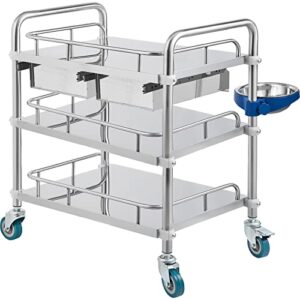 VEVOR Lab Cart 3 Layers Double Drawers Medical Cart with Wheels 1 Refuse Basin Stainless Steel Cart Service Cart for Laboratory, Hospital, Dental, Restaurant Hotel and Home Use (Large)