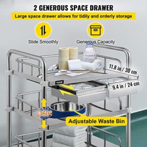 VEVOR Lab Cart 3 Layers Double Drawers Medical Cart with Wheels 1 Refuse Basin Stainless Steel Cart Service Cart for Laboratory, Hospital, Dental, Restaurant Hotel and Home Use (Large)