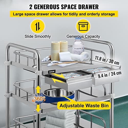 VEVOR Lab Cart 3 Layers Double Drawers Medical Cart with Wheels 1 Refuse Basin Stainless Steel Cart Service Cart for Laboratory, Hospital, Dental, Restaurant Hotel and Home Use (Large)