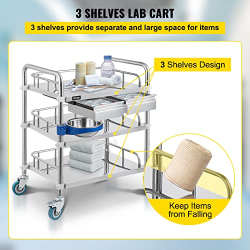 VEVOR Lab Cart 3 Layers Double Drawers Medical Cart with Wheels 1 Refuse Basin Stainless Steel Cart Service Cart for Laboratory, Hospital, Dental, Restaurant Hotel and Home Use (Large)