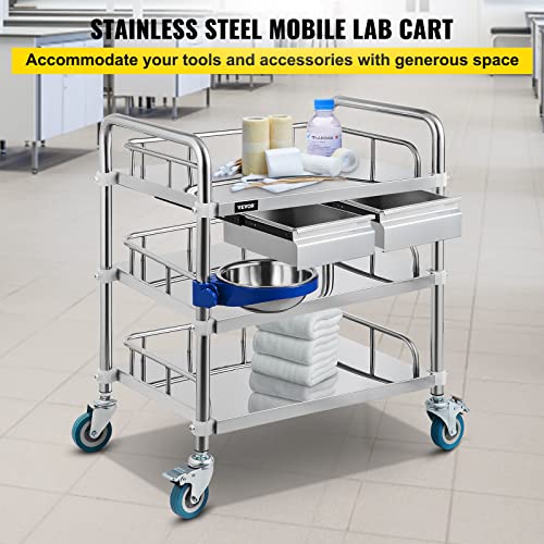 VEVOR Lab Cart 3 Layers Double Drawers Medical Cart with Wheels 1 Refuse Basin Stainless Steel Cart Service Cart for Laboratory, Hospital, Dental, Restaurant Hotel and Home Use (Large)