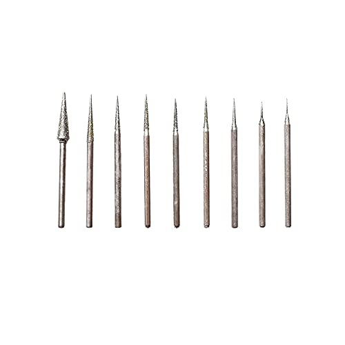 Pirhosigma 9 pcs Diamond Burr Engraving Pointed Needle Bits Grinding Mounted Point Carving Polishing for Rotary Tool Replacement (0.5~4 mm)