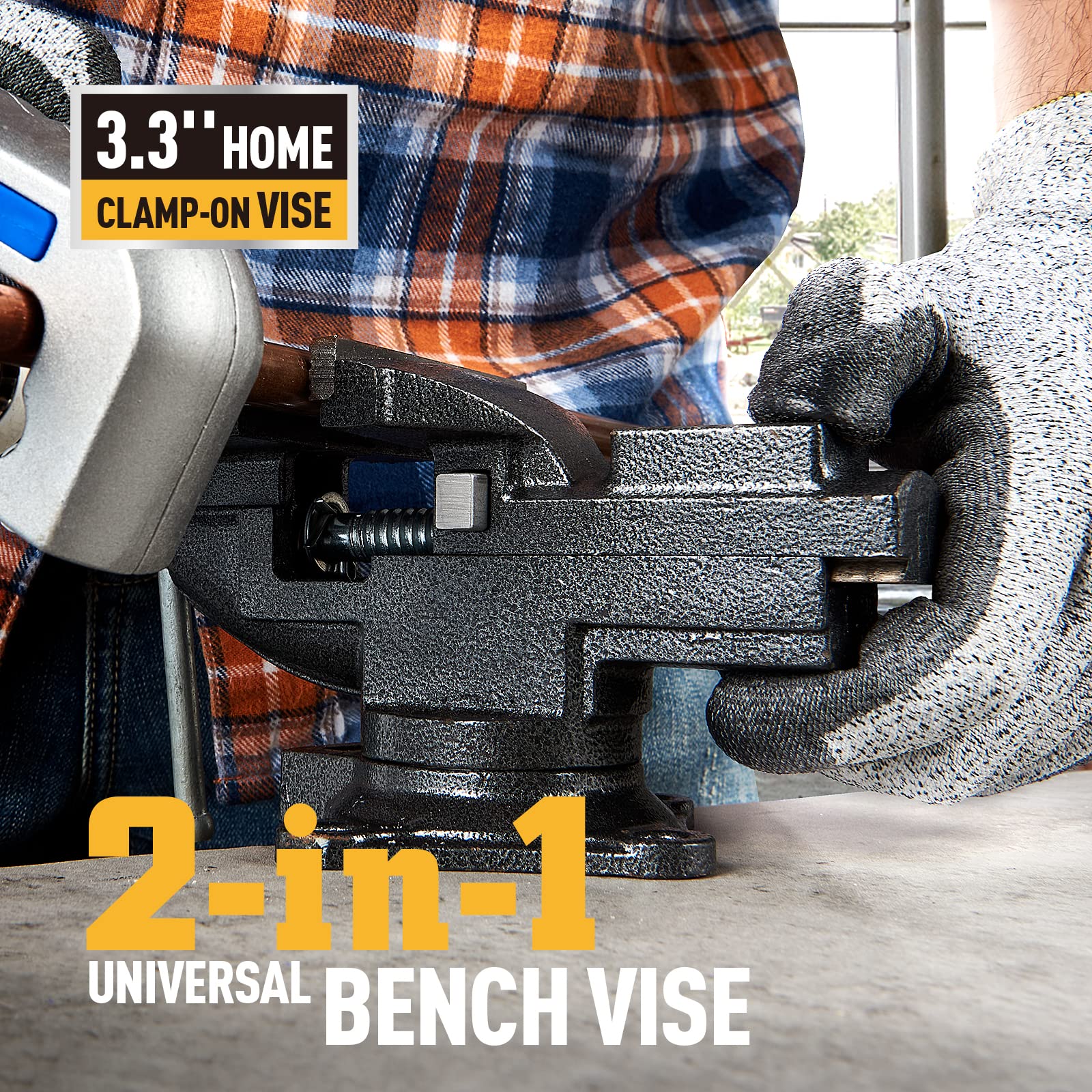 Dual-Purpose Combined Universal Vise 360° Swivel Base Work, Bench Vise or Table Vise Clamp-On with Quick Adjustment, 3.3" Movable Home Vice for Woodworking