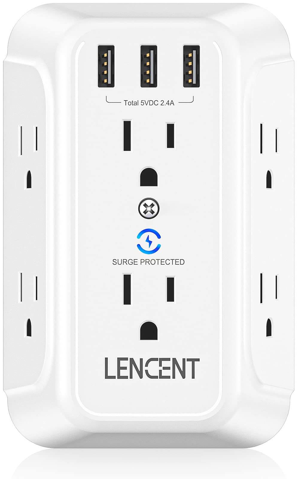 LENCENT USB Wall Charger, Surge Protector 6 Outlet Extender with 3 USB Ports, 1728J Power Strip Multi Plug,3-Sided Widely Spaced Adapter Multiple Expander,Mountable Wall tap for Home Travel Office