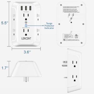 LENCENT USB Wall Charger, Surge Protector 6 Outlet Extender with 3 USB Ports, 1728J Power Strip Multi Plug,3-Sided Widely Spaced Adapter Multiple Expander,Mountable Wall tap for Home Travel Office