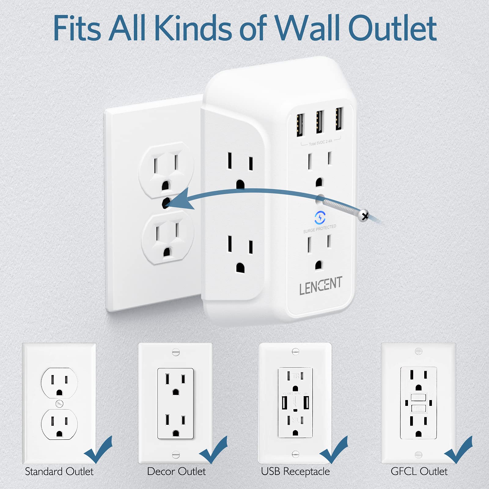 LENCENT USB Wall Charger, Surge Protector 6 Outlet Extender with 3 USB Ports, 1728J Power Strip Multi Plug,3-Sided Widely Spaced Adapter Multiple Expander,Mountable Wall tap for Home Travel Office