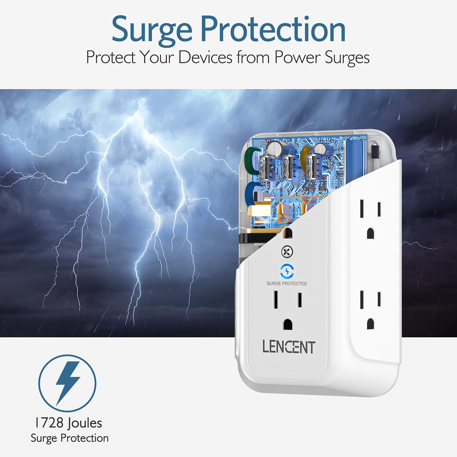 LENCENT USB Wall Charger, Surge Protector 6 Outlet Extender with 3 USB Ports, 1728J Power Strip Multi Plug,3-Sided Widely Spaced Adapter Multiple Expander,Mountable Wall tap for Home Travel Office