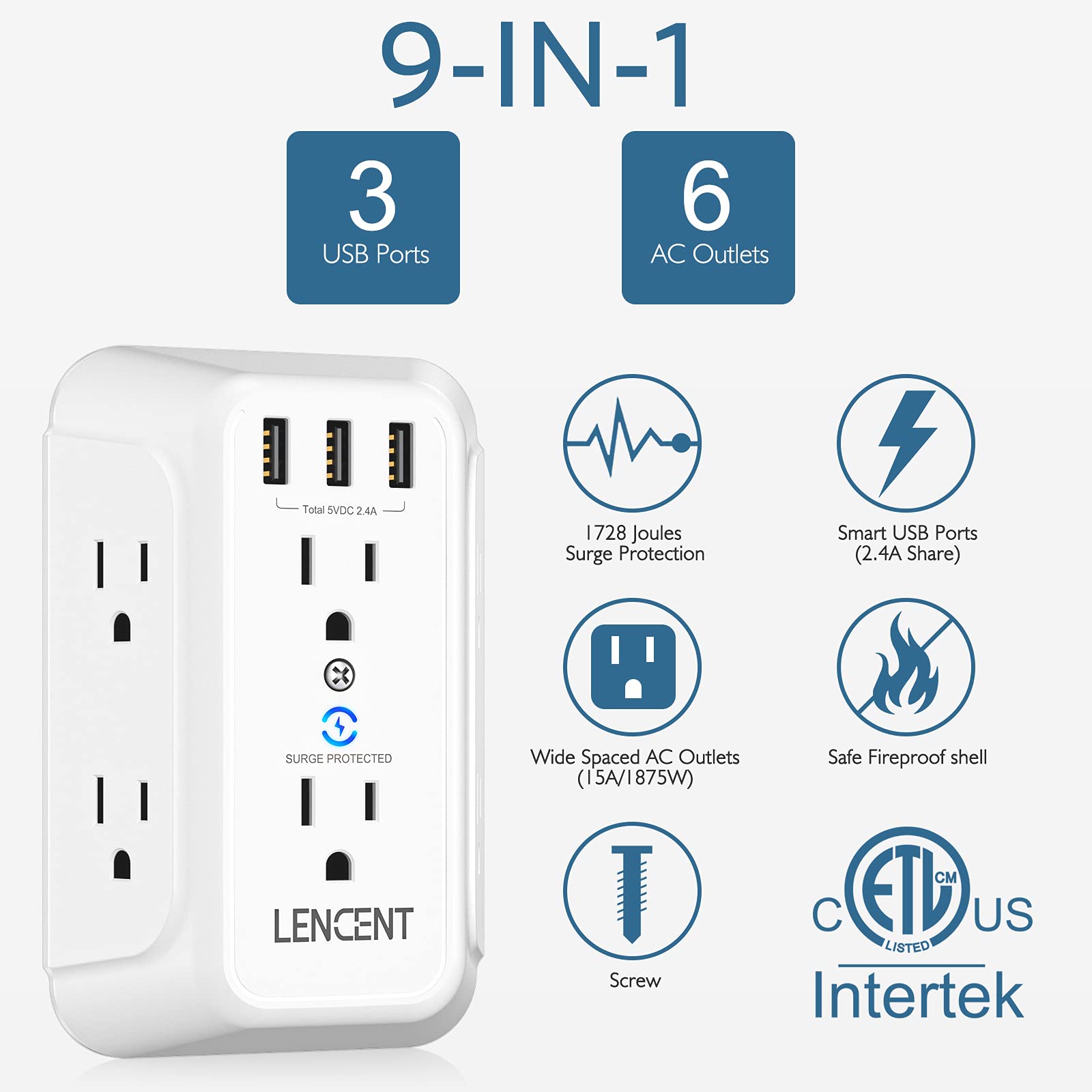 LENCENT USB Wall Charger, Surge Protector 6 Outlet Extender with 3 USB Ports, 1728J Power Strip Multi Plug,3-Sided Widely Spaced Adapter Multiple Expander,Mountable Wall tap for Home Travel Office