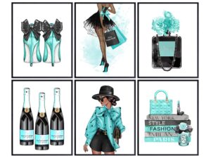 blue glam wall decor - black african american wall decor - designer perfume, shoes, handbags - high fashion design gift - luxury couture wall art poster set for women, teens, girls bedroom