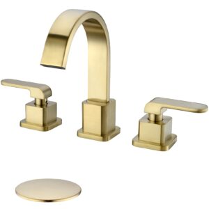 trustmi 2 handle 8 inch widespread bathroom faucet with pop up drain assembly brass square waterfall vanity basin sink mixer tap, brushed gold