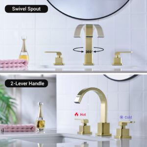 TRUSTMI 2 Handle 8 Inch Widespread Bathroom Faucet with Pop Up Drain Assembly Brass Square Waterfall Vanity Basin Sink Mixer Tap, Brushed Gold