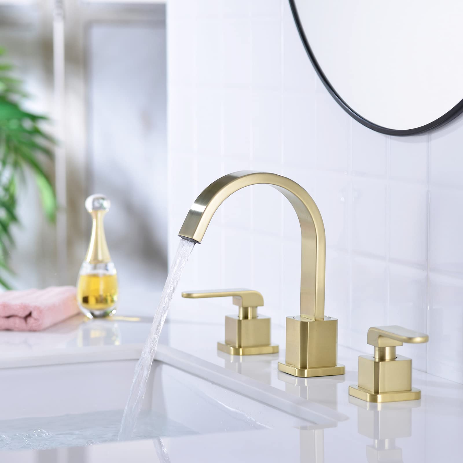 TRUSTMI 2 Handle 8 Inch Widespread Bathroom Faucet with Pop Up Drain Assembly Brass Square Waterfall Vanity Basin Sink Mixer Tap, Brushed Gold