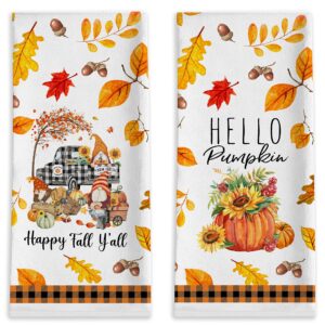 bonsai tree fall hand towels bathroom, autumn pumkins gnomes kitchen towels 18”x28”, buffalo plaid truck maple leaves seasonal dish tea towel housewarming gifts decor for new home sets of 2