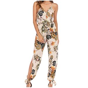 bravetoshop women's summer spaghetti strap jumpsuit v neck floral print sleeveless wrap long pants romper with pockets (beige,m)