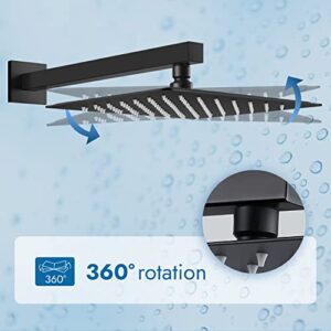 Cinwiny Matte Black Bathroom Shower System 10 Inch Rainfall Shower Head with Handheld Spray Wall Mount Waterfall Tub Spout Shower Faucet Set Rough-in Valve 3 Function Mixer Shower Faucet