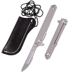 samior s08 mini slim flipper folding scalpel neck knife with 10pcs #24 blades, titanium handle with frame lock, utility edc keychain pocket knives with leather sheath