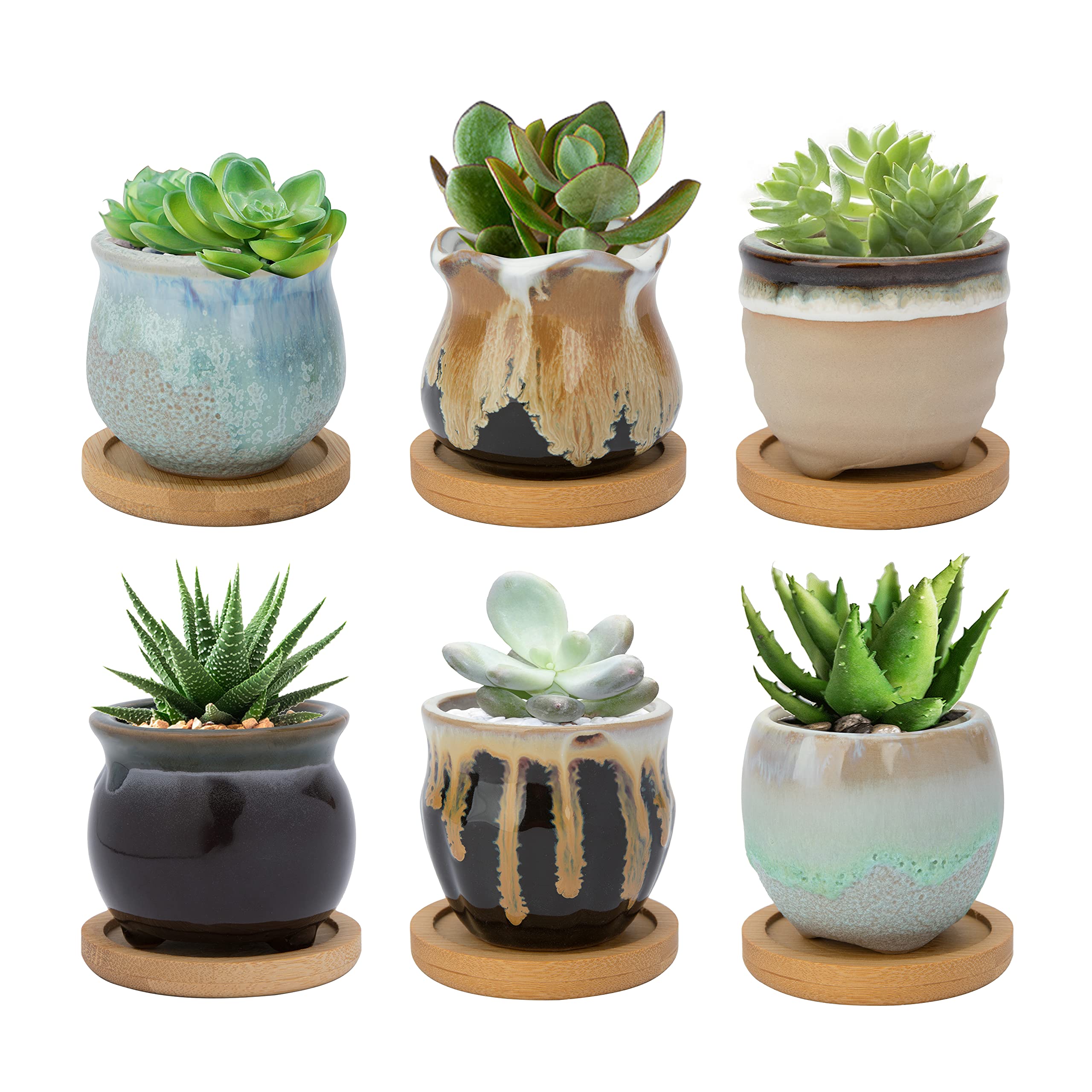 Warmplus Small Succulent Plant Pots - Mini Ceramic Cactus Planter Pots with Drainage, Flowing Glaze Base Serial Set with Holes, Home, Office Decor, Pack of 6 (Plants Not Included)