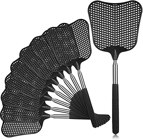 12 Pieces Telescopic Fly Swatter Extendable Plastic Flyswatter Manual Fly Swatter with Stainless Steel Retractable Pole for Indoor Outdoor Home and Office, Black