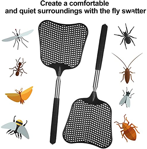 12 Pieces Telescopic Fly Swatter Extendable Plastic Flyswatter Manual Fly Swatter with Stainless Steel Retractable Pole for Indoor Outdoor Home and Office, Black