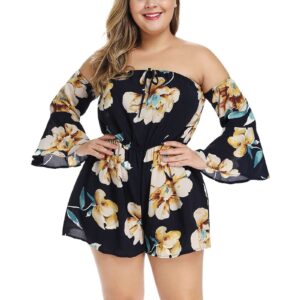 bravetoshop women's plus size rompers boho off shoulder bell sleeve summer floral print strapless shorts jumpsuit (black,xxl)